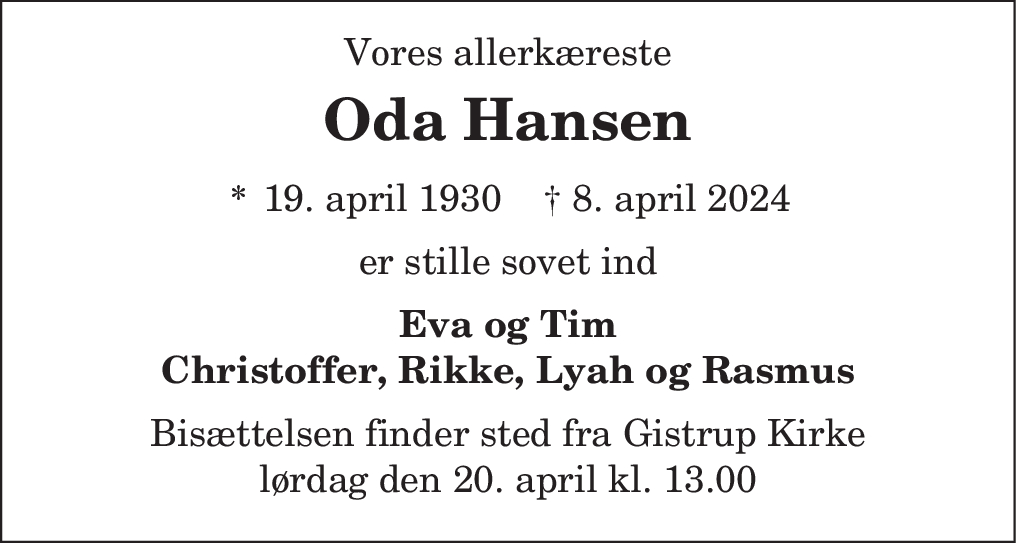 Dødsannonce for Oda Hansen | Nordjyske.dk