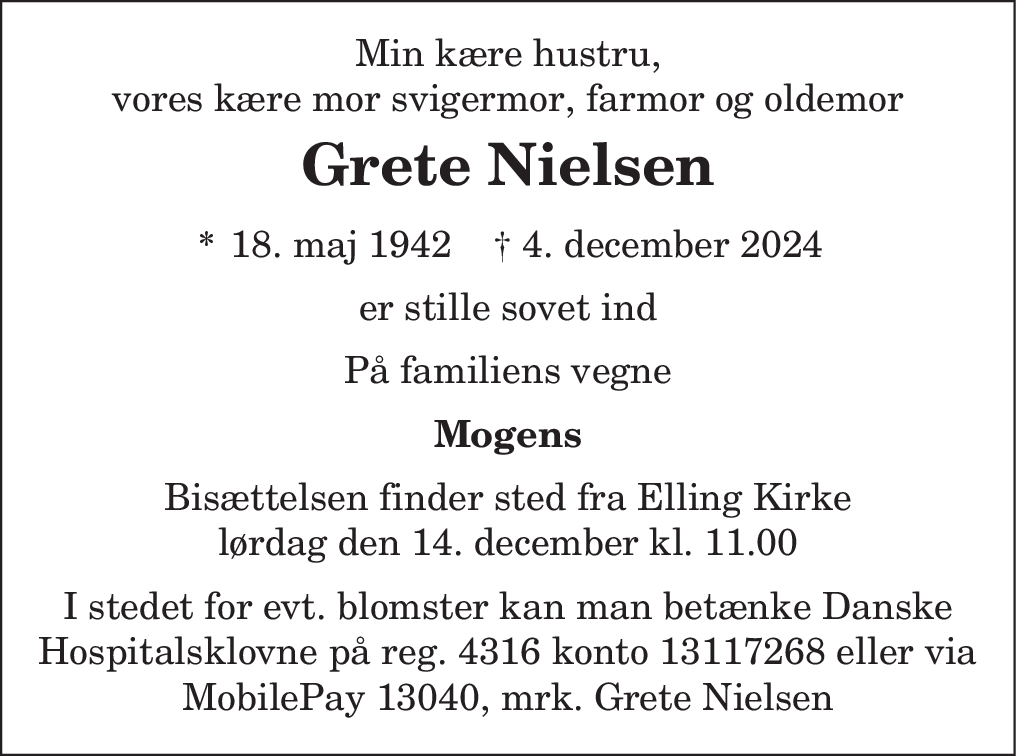 Dødsannonce for Grete Nielsen | Nordjyske.dk