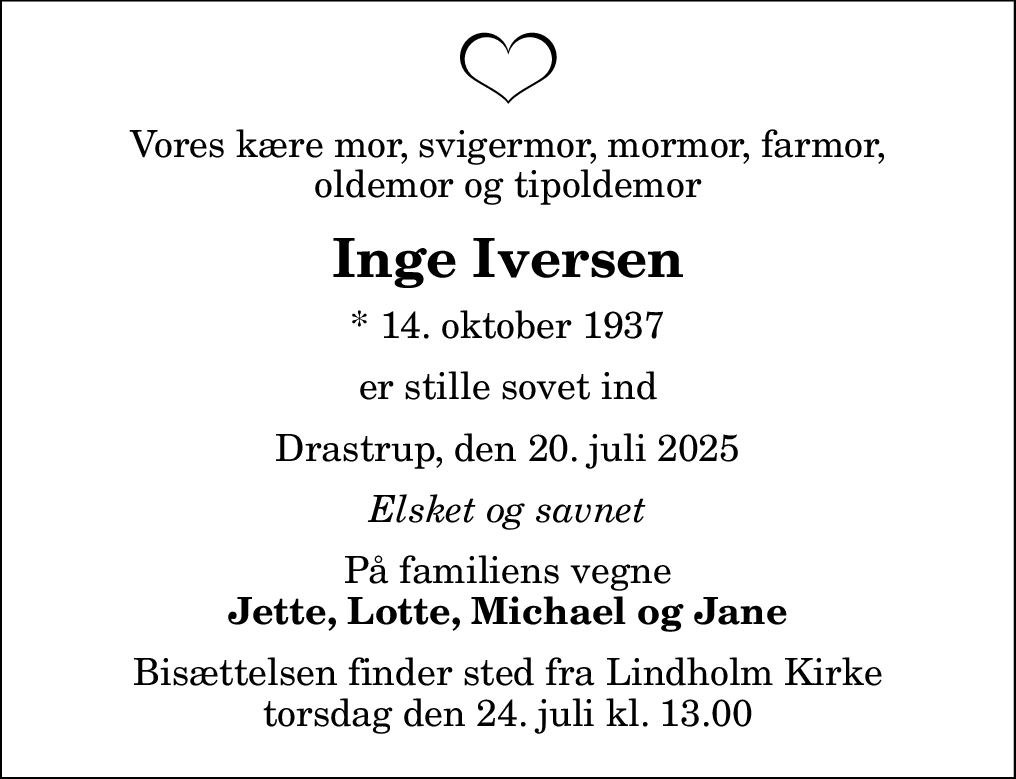Dødsannonce for Inge Iversen | Nordjyske.dk