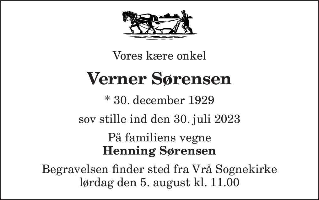 Dødsannonce for Verner Sørensen | Nordjyske.dk