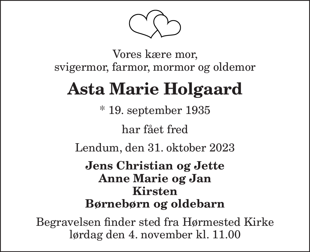 Dødsannonce for Asta Marie Holgaard | Nordjyske.dk