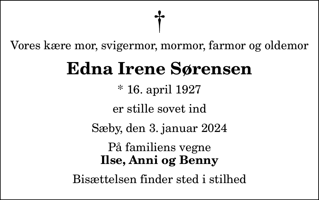 Dødsannonce for Edna Irene Sørensen | Nordjyske.dk