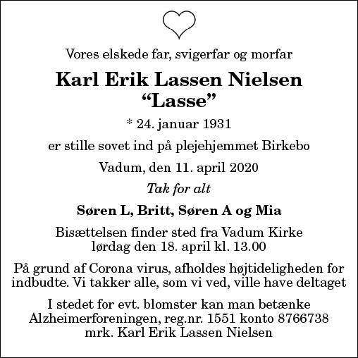 Dødsannonce for Karl Erik Lassen Nielsen | Nordjyske.dk