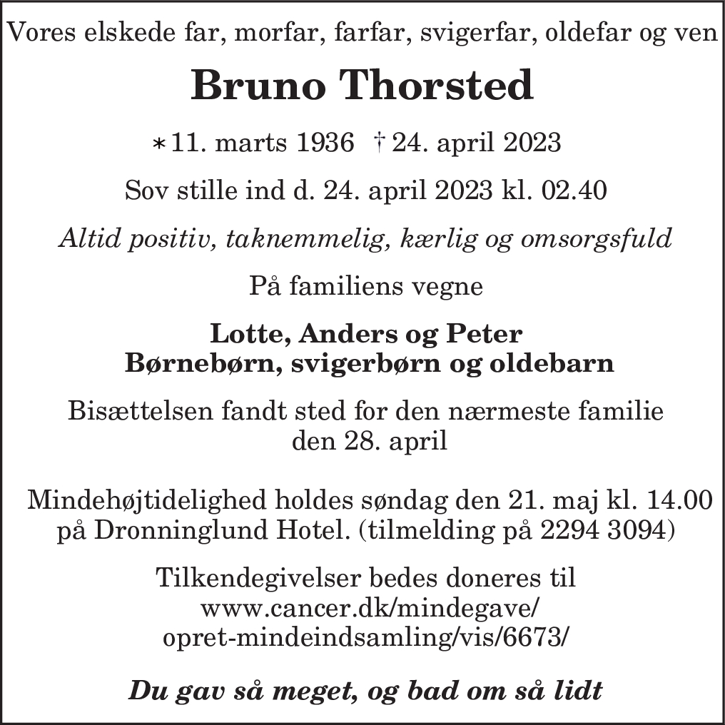 Dødsannonce for Bruno Thorsted | Nordjyske.dk