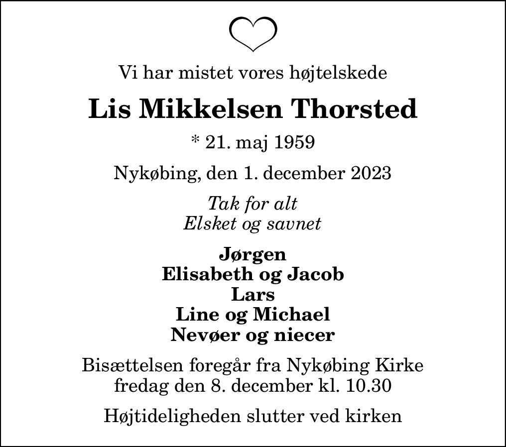 Dødsannonce for Lis Mikkelsen Thorsted | Nordjyske.dk