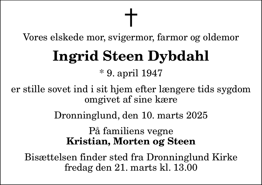 Dødsannonce for Ingrid Steen Dybdahl | Nordjyske.dk