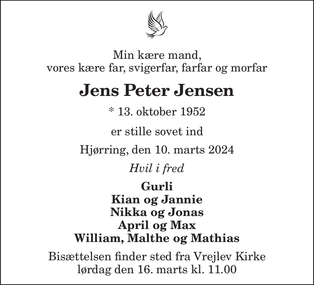 Dødsannonce for Jens Peter Jensen | Nordjyske.dk
