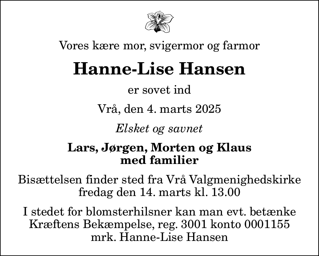 Dødsannonce for Hanne-Lise Hansen | Nordjyske.dk
