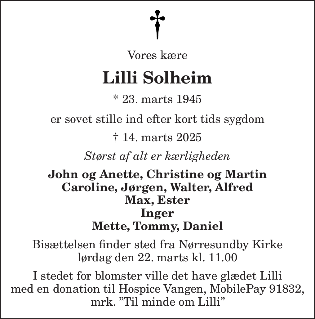 Dødsannonce for Lilli Solheim | Nordjyske.dk