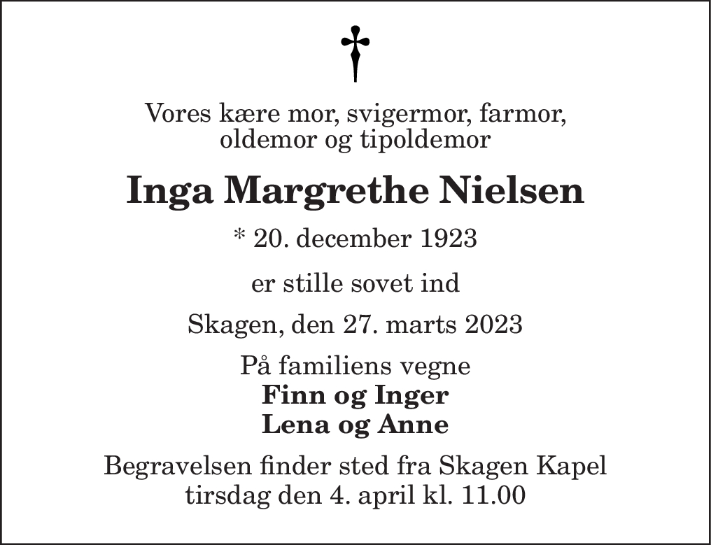 Dødsannonce for Inga Margrethe Nielsen | Nordjyske.dk