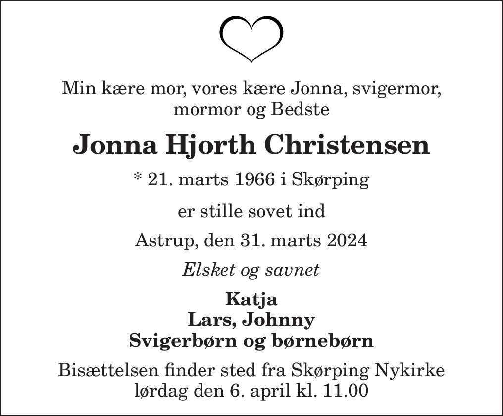 Dødsannonce for Jonna Hjorth Christensen | Nordjyske.dk