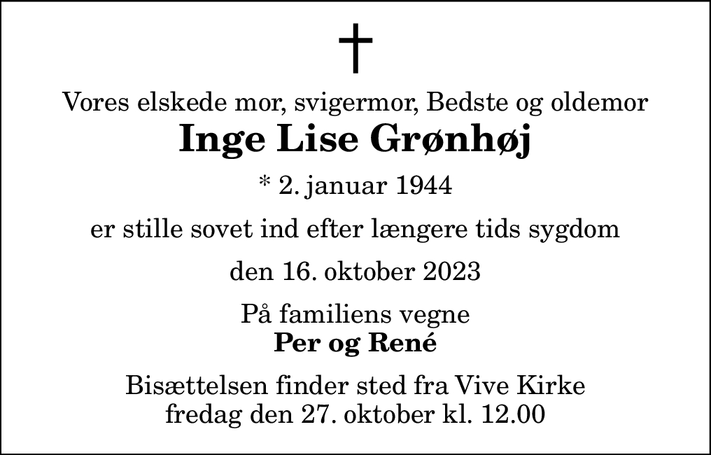 Dødsannonce for Inge Lise Grønhøj | Nordjyske.dk
