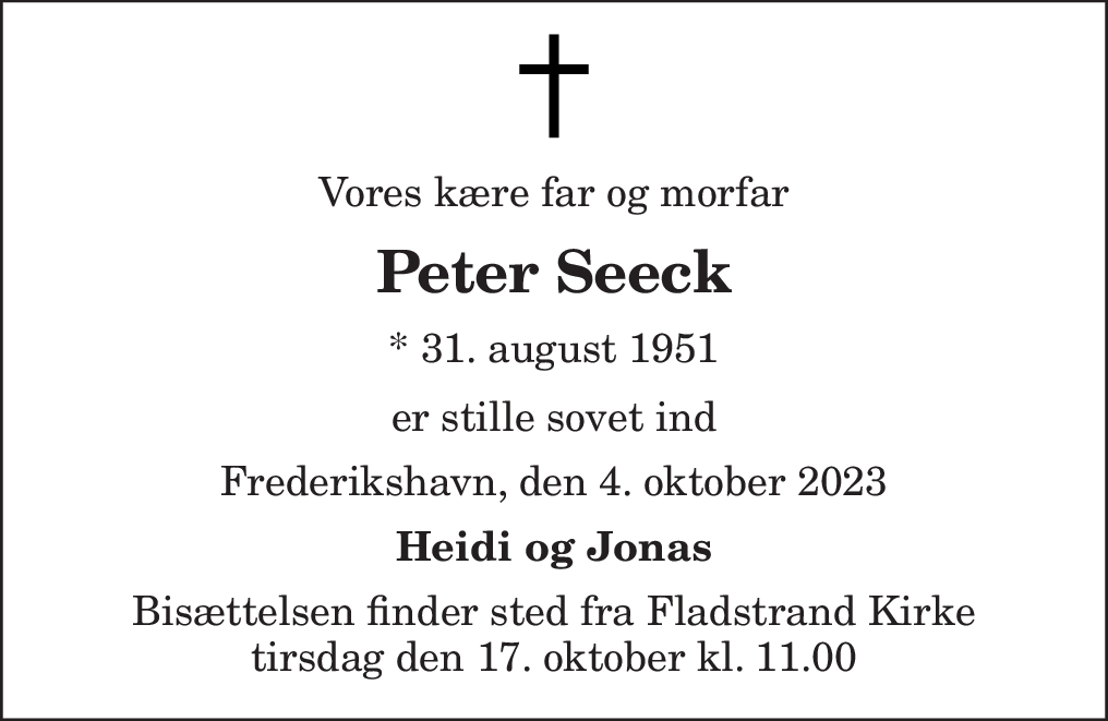 Dødsannonce for Peter Seeck | Nordjyske.dk