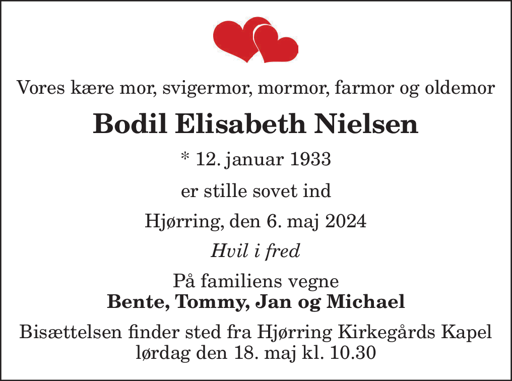 Dødsannonce for Bodil Elisabeth Nielsen | Nordjyske.dk