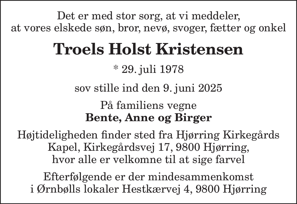 Dødsannonce for Troels Holst Kristensen | Nordjyske.dk