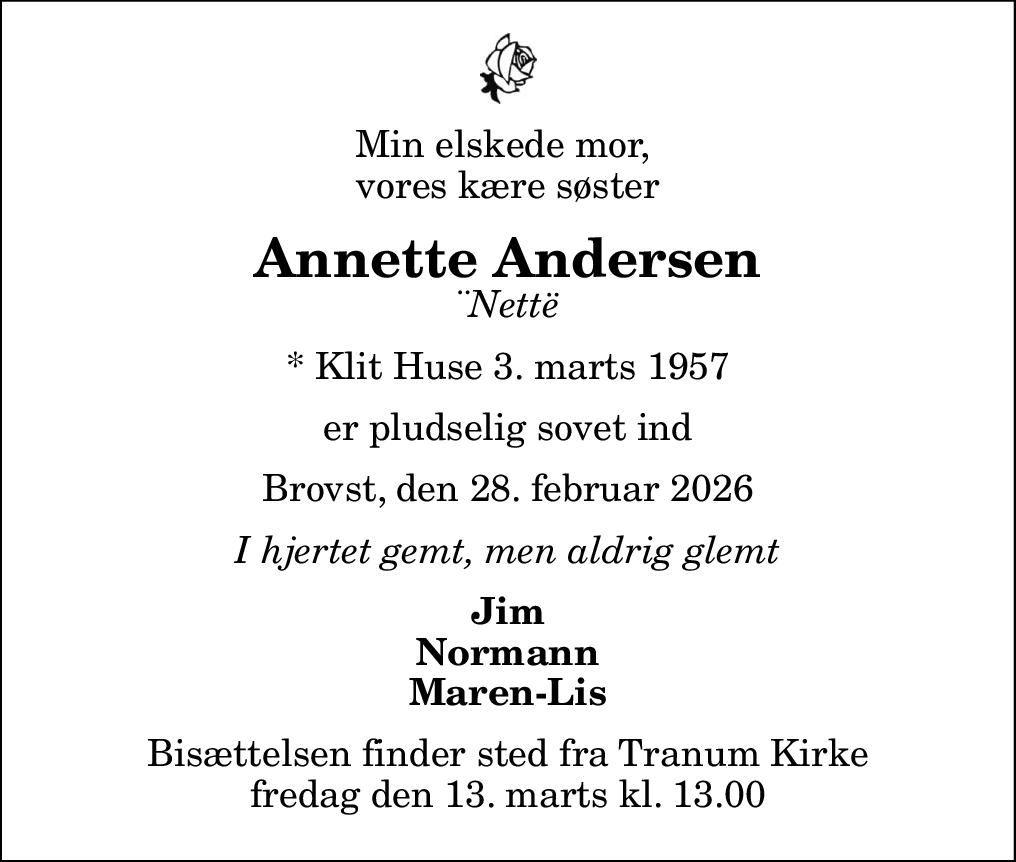 Dødsannonce for Annette Andersen | Nordjyske.dk