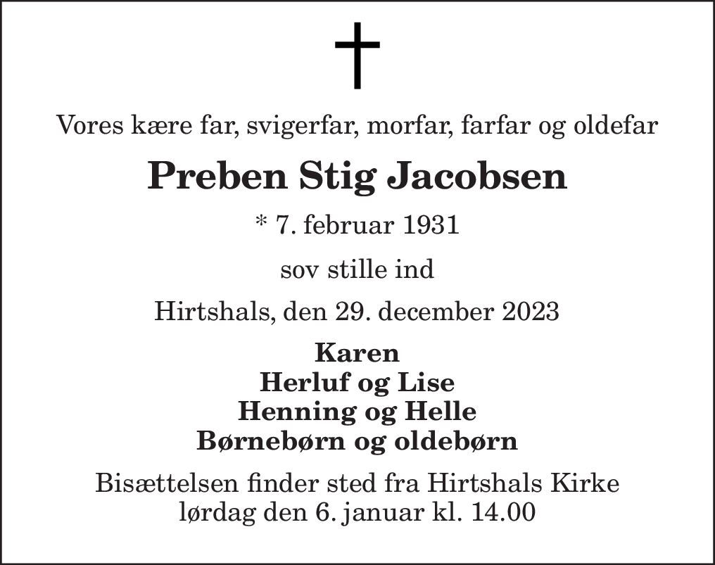 Dødsannonce for Preben Stig Jacobsen | Nordjyske.dk