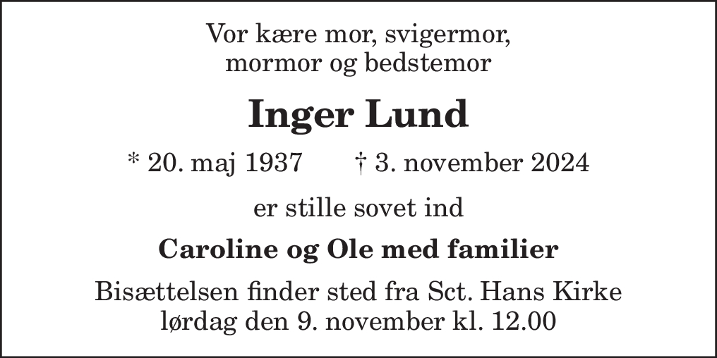 Dødsannonce for Inger Lund | Nordjyske.dk
