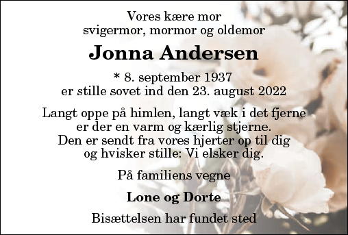Dødsannonce for Jonna Andersen | Nordjyske.dk