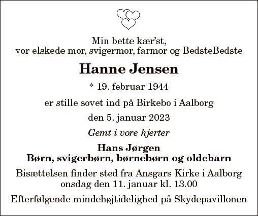Dødsannonce for Hanne Jensen | Nordjyske.dk