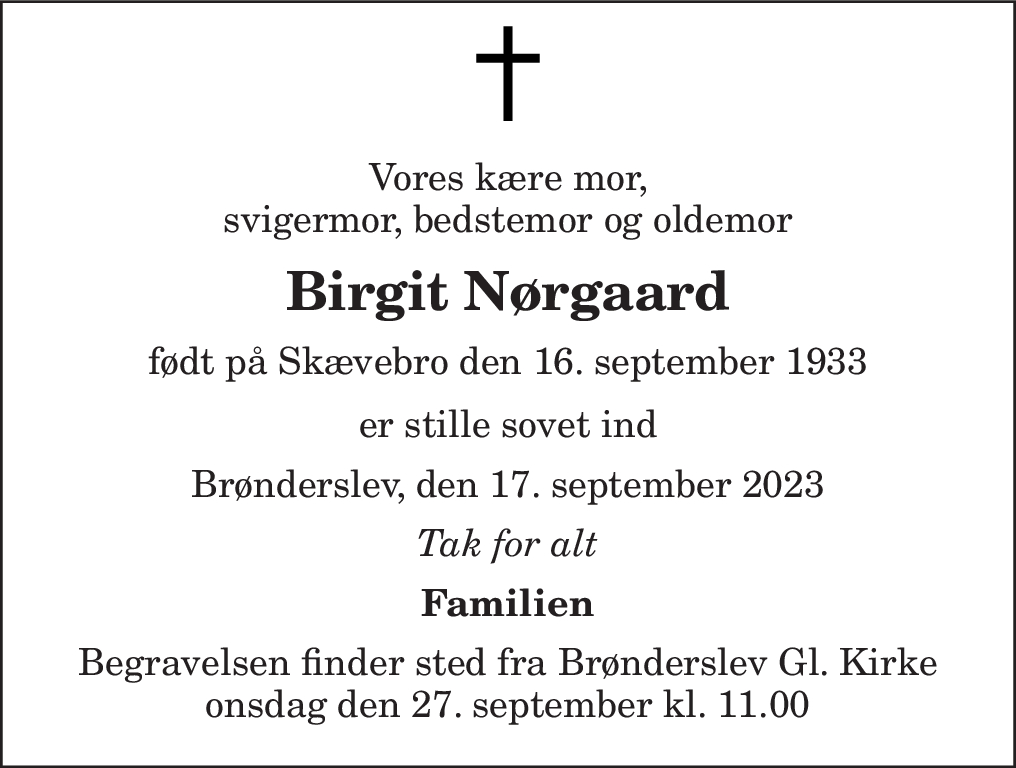 Dødsannonce for Birgit Nørgaard | Nordjyske.dk
