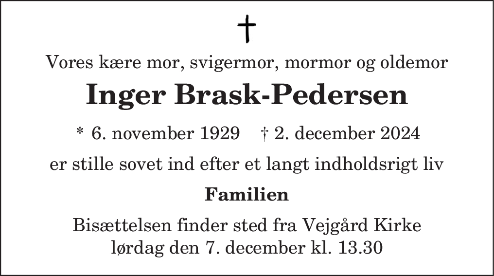 Dødsannonce for Inger Kathrine Brask-Pedersen | Nordjyske.dk