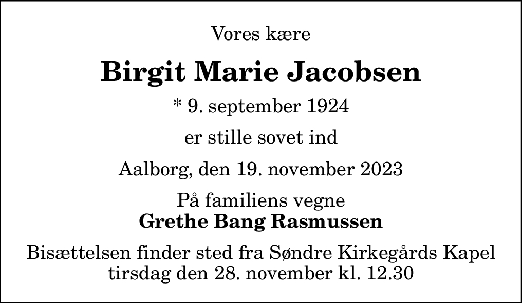 Dødsannonce for Birgit Marie Jacobsen | Nordjyske.dk