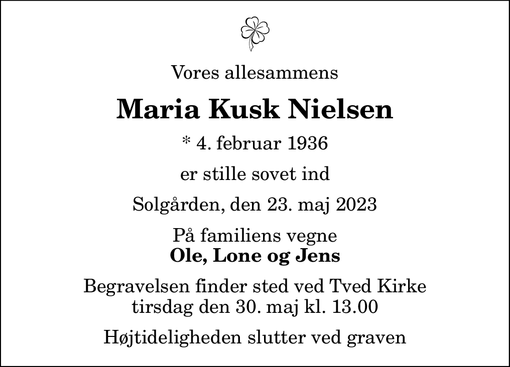 Dødsannonce for Maria Kusk Nielsen | Nordjyske.dk