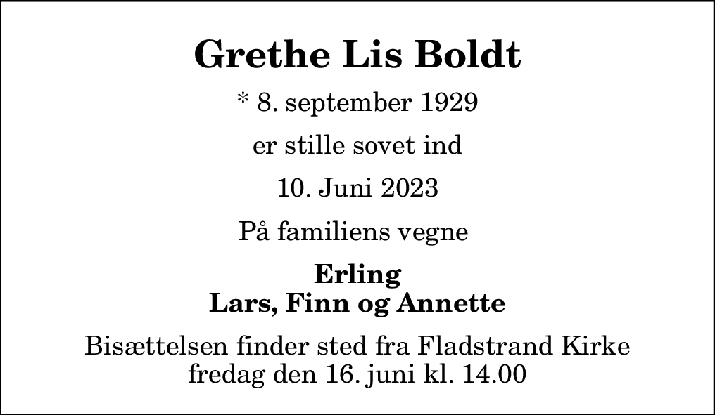 Dødsannonce for Grethe Lis Boldt | Nordjyske.dk