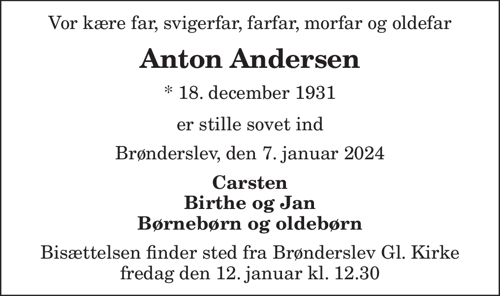 Dødsannonce for Anton Andersen | Nordjyske.dk