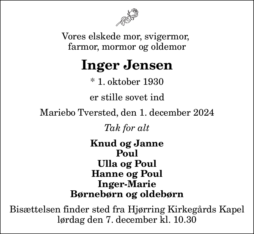 Dødsannonce for Inger Jensen | Nordjyske.dk