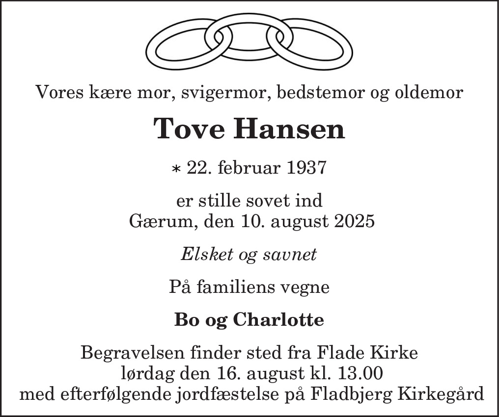 Dødsannonce for Tove Hansen | Nordjyske.dk