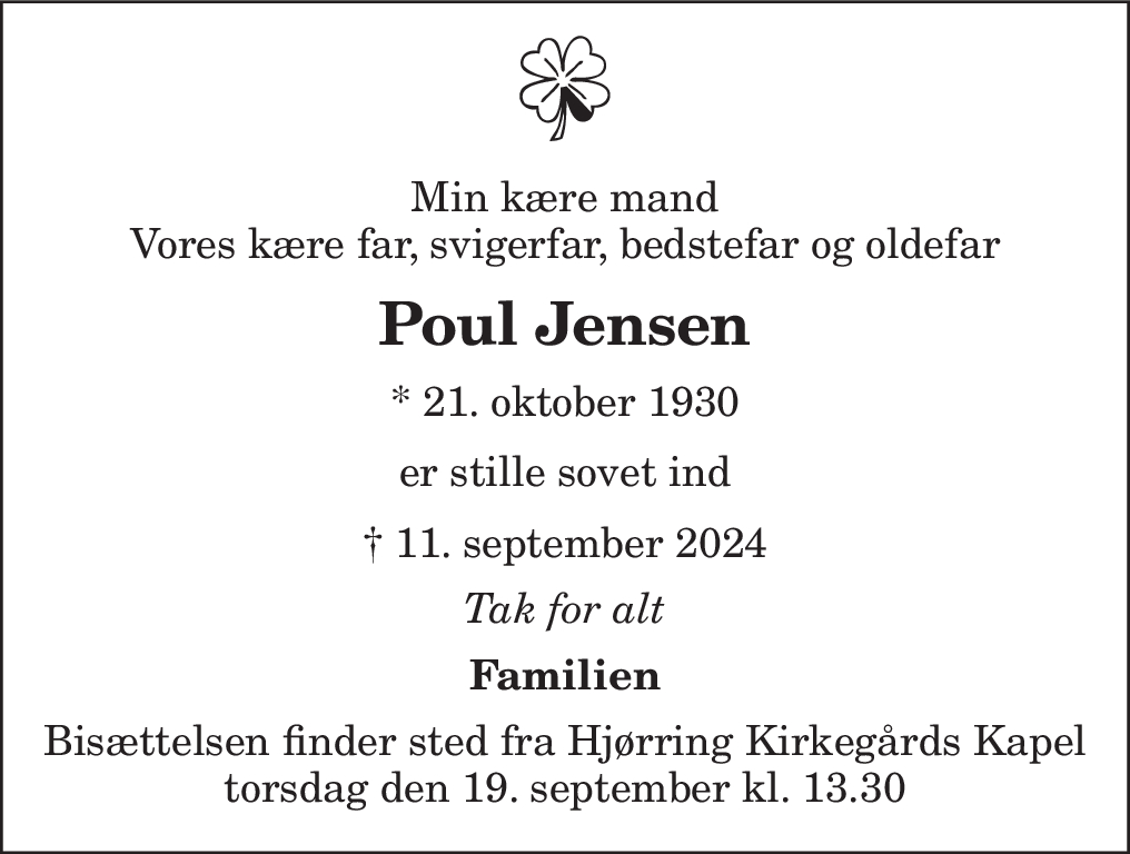Dødsannonce for Poul Jensen | Nordjyske.dk