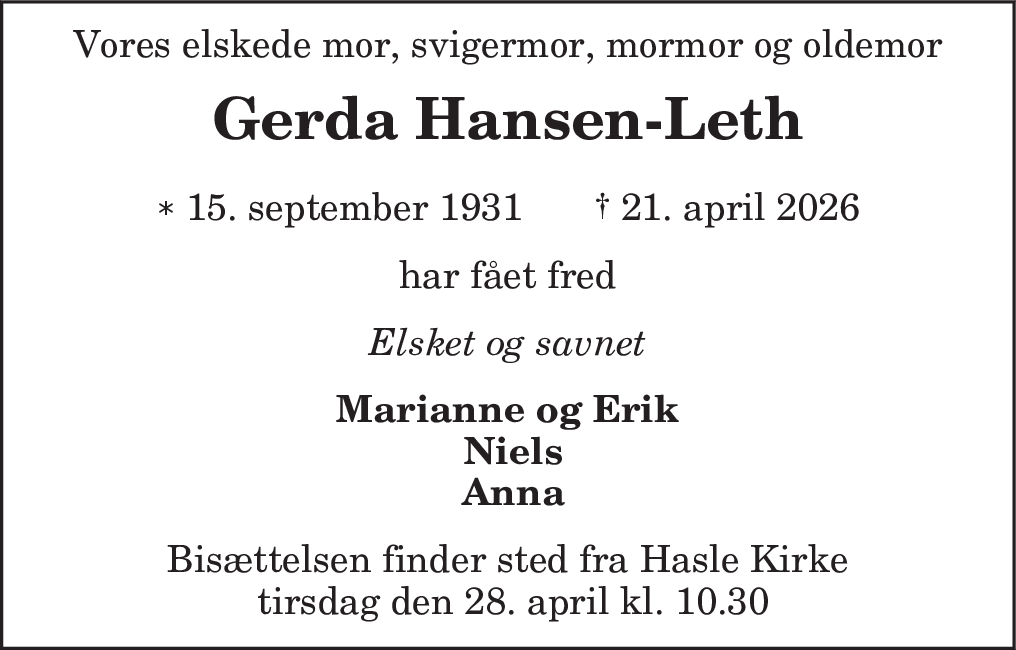 Dødsannonce for Gerda Hansen-Leth | Nordjyske.dk