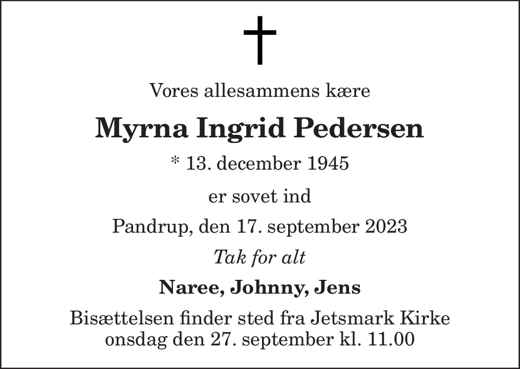 Dødsannonce for Myrna Ingrid Pedersen | Nordjyske.dk