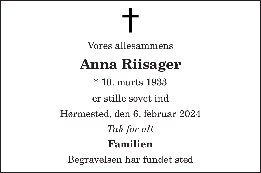Dødsannonce for Anna Riisager | Nordjyske.dk