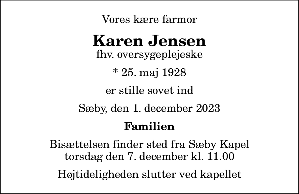 Dødsannonce for Karen Jensen | Nordjyske.dk