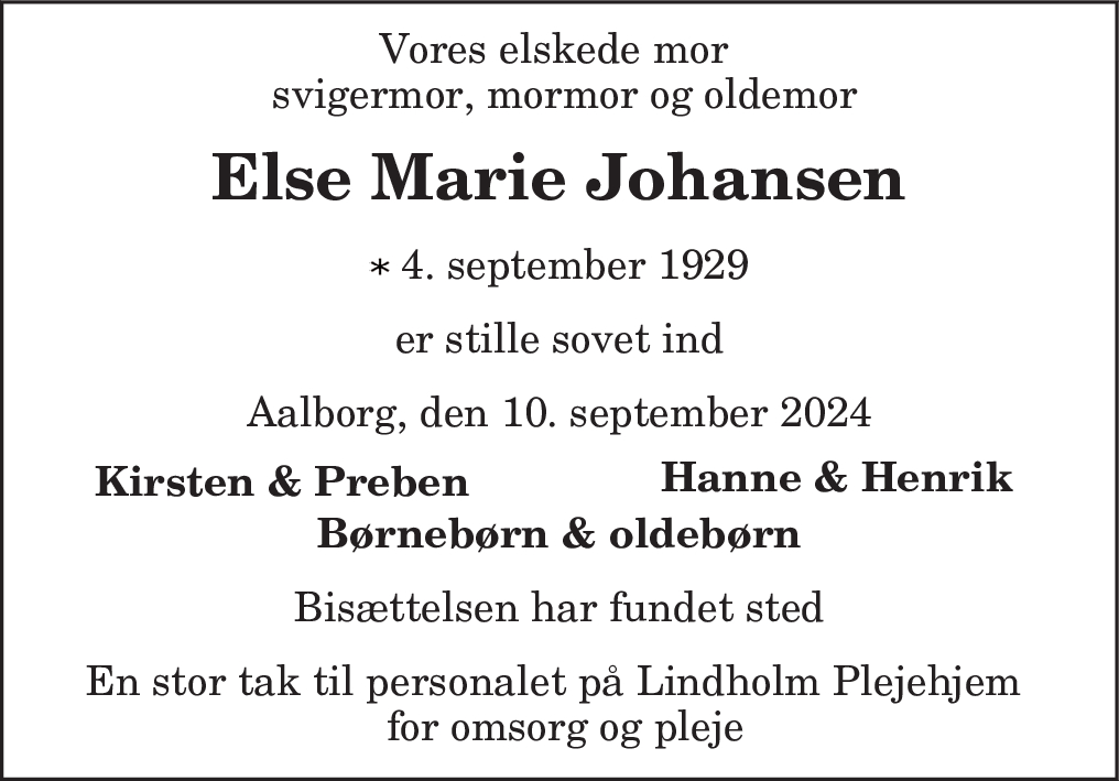 Dødsannonce for Else Marie Johansen | Nordjyske.dk
