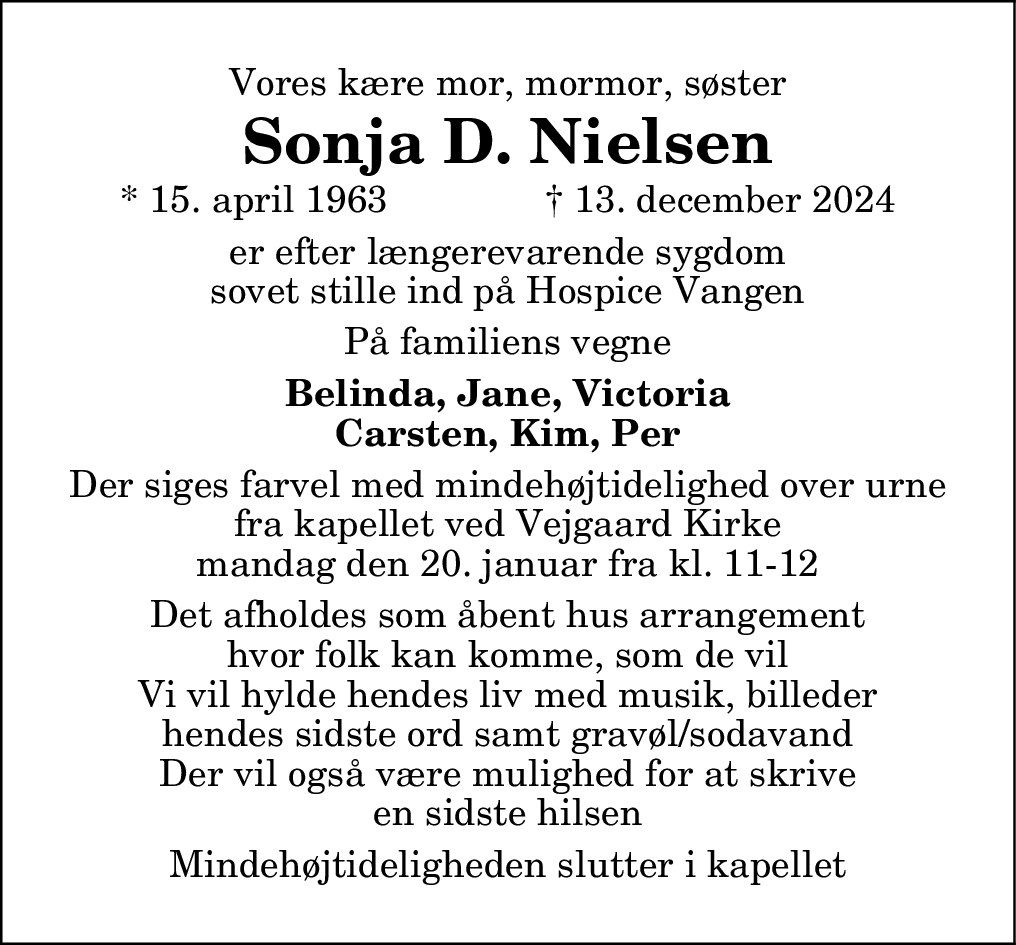 Dødsannonce for Sonja D. Nielsen | Nordjyske.dk