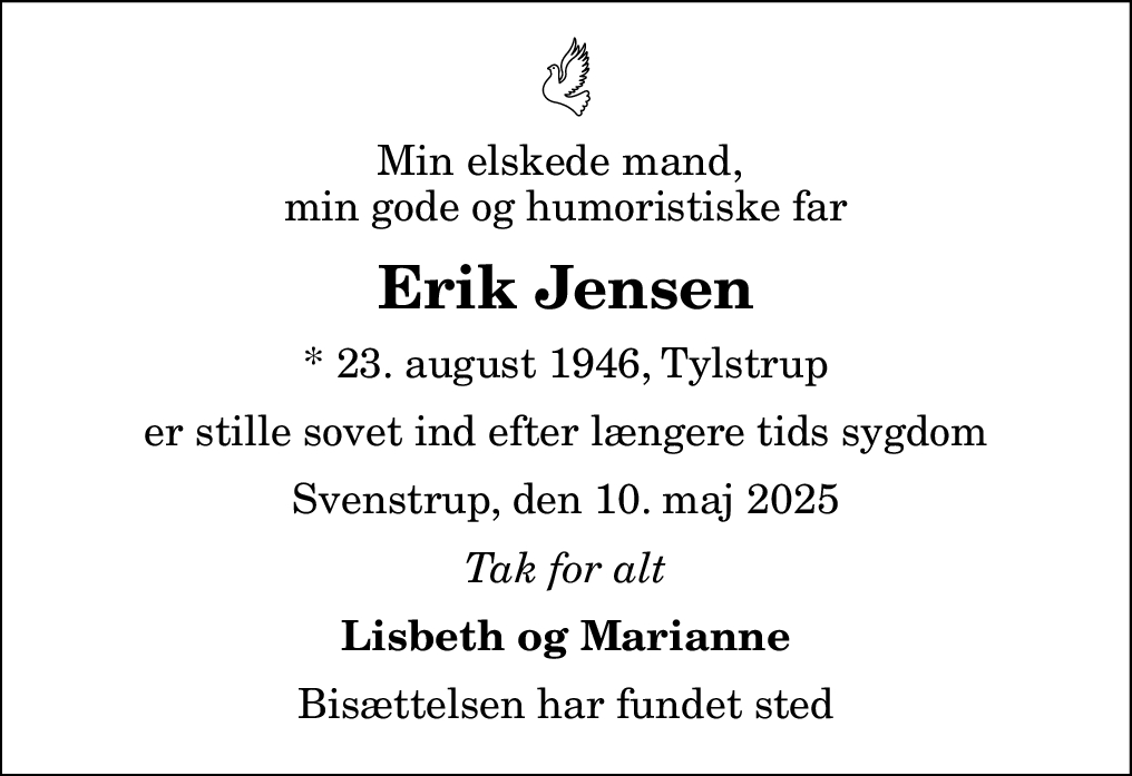 Dødsannonce for Erik Jensen | Nordjyske.dk