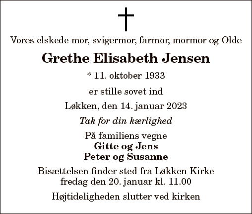 Dødsannonce for Grethe Elisabeth Jensen | Nordjyske.dk Dødsannonce for Grethe Elisabeth Jensen | Nordjyske.dk