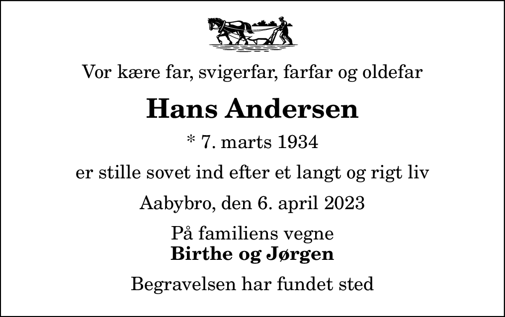 Dødsannonce for Hans Jørgen Andersen | Nordjyske.dk