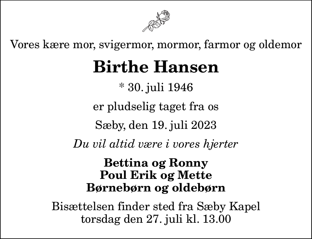 Dødsannonce for Birthe Hansen | Nordjyske.dk