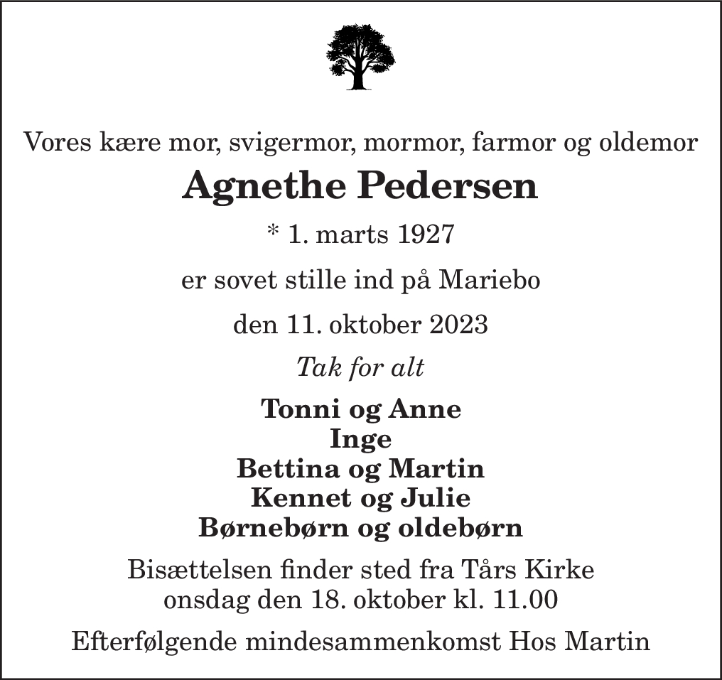 Dødsannonce for Agnethe Pedersen | Nordjyske.dk