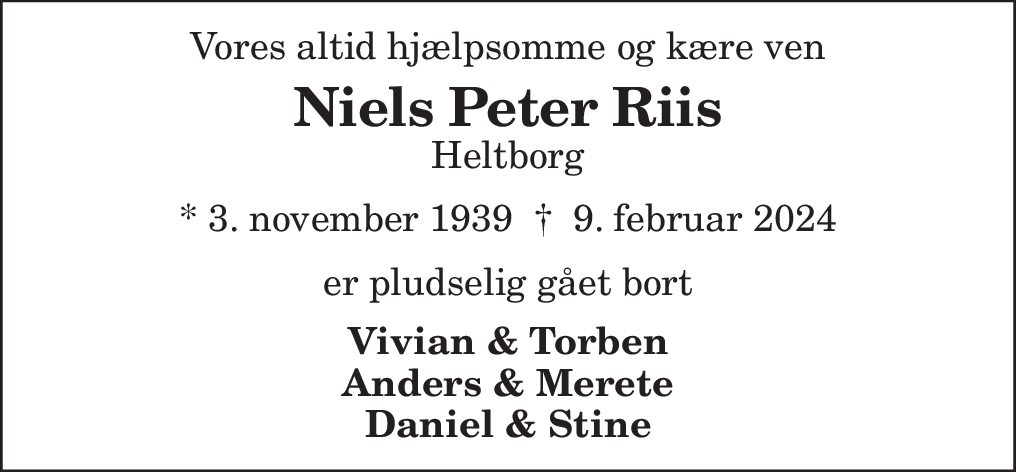 Dødsannonce for Niels Peter Riis | Nordjyske.dk