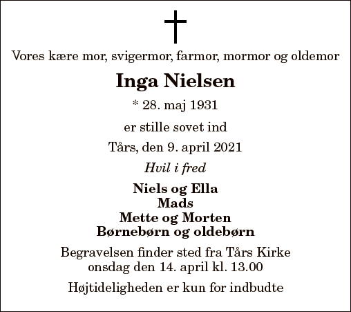 Dødsannonce for Inga Nielsen | Nordjyske.dk