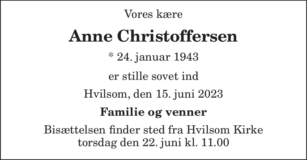 Dødsannonce for Anne Christoffersen | Nordjyske.dk