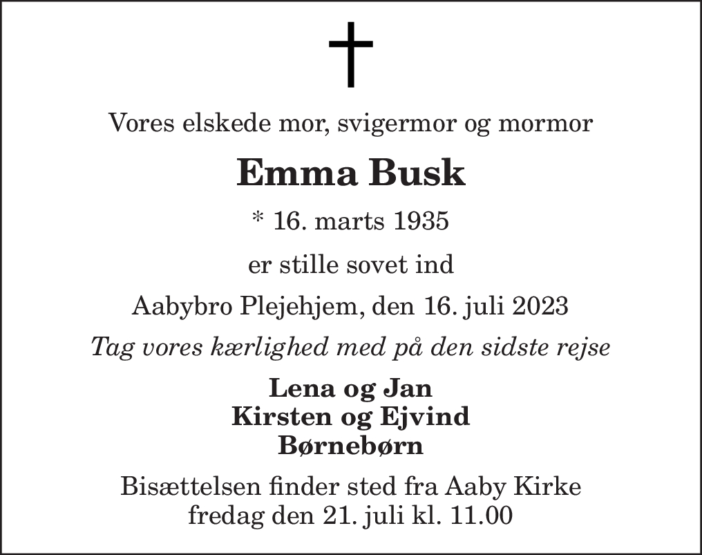 Dødsannonce for Emma Busk | Nordjyske.dk
