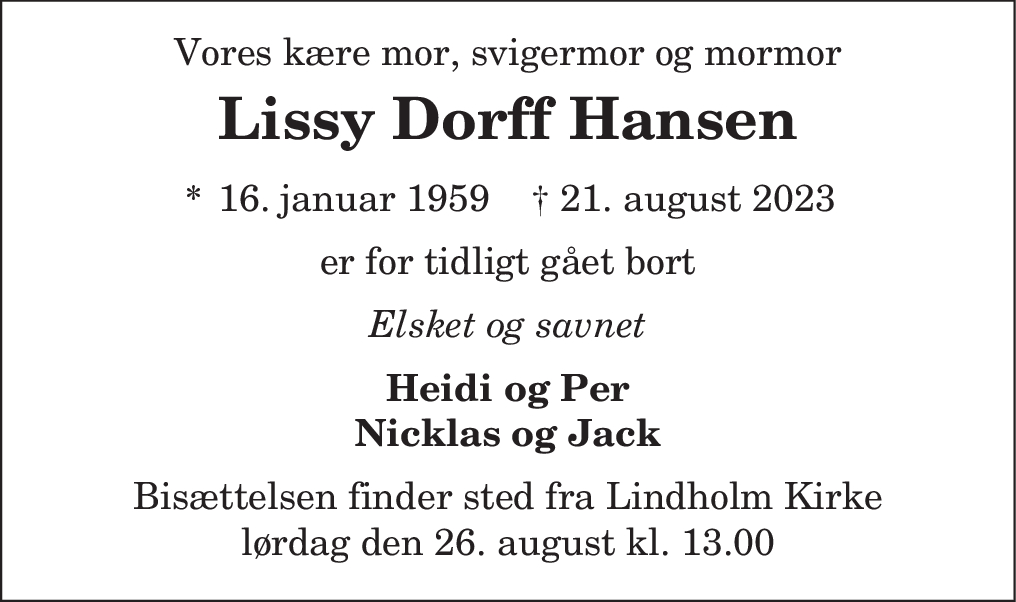 Dødsannonce for Lissy Dorff Hansen | Nordjyske.dk