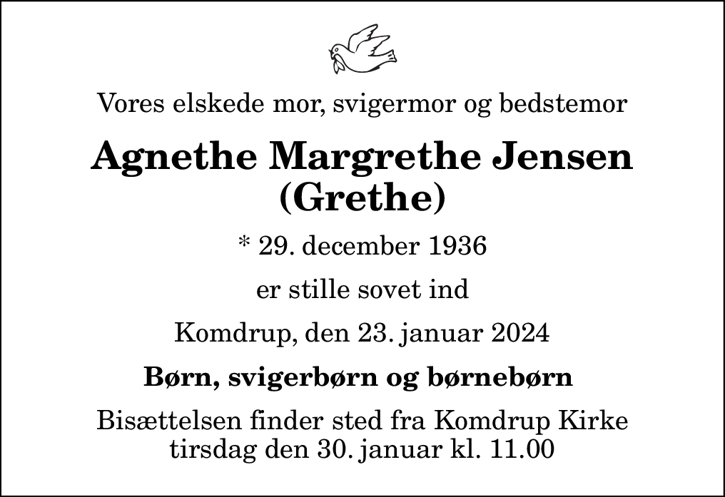 Dødsannonce for Agnethe Margrethe Jensen | Nordjyske.dk